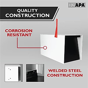 Ilyapa Modern Design Mailbox, Ready to Post Mount - White Powder Coated Steel Heavy Duty Curbside Welded Mailbox, All Weather Durable and Corrosion Resistant, Stainless Steel Hinges and Magnetic Door