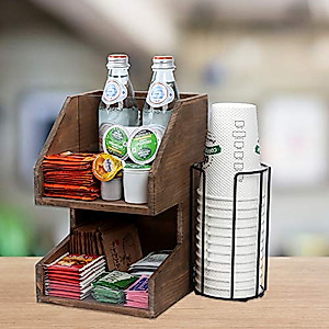 Vencipo 2-Tier Coffee Condiment Organizer with Metal Vertical Coffee Cups Rack, Wooden Counter Top Tea Bag Storage Station for Holds Beverage Bags, Packets, Spices, Pods, Condiment Accessories Holder.