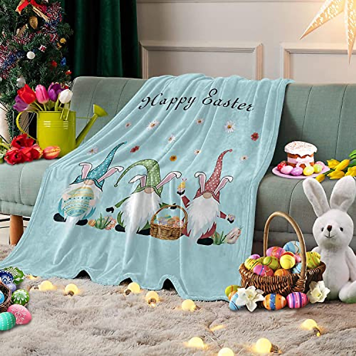 Throw Blankets Happy Easter Gnomes Basket Eggs Fuzzy Soft Bed Cover Bedspread Microfiber Luxury Blanket for Travel Stadium Camping Couch Sofa Chair Blue