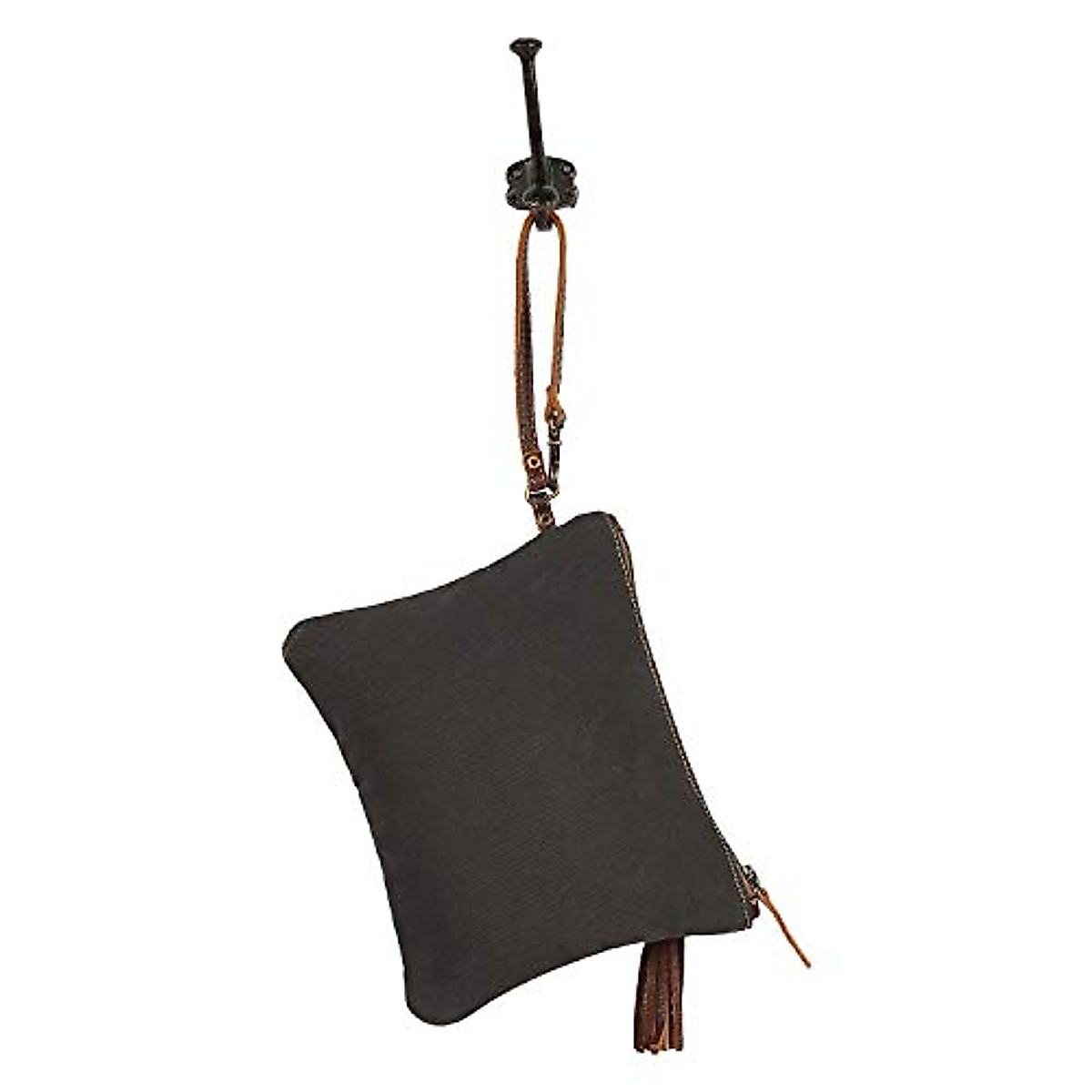 Myra Bag Puzzled Upcycled Canvas & Leather Pouch Wristlet Bag S-1565