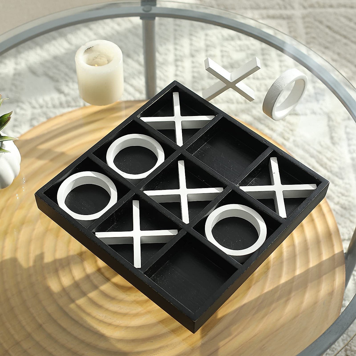 FUIN Wood Tic Tac Toe Decorative Board Game Set for Coffee Table Decor, 14" x 14", Black and White