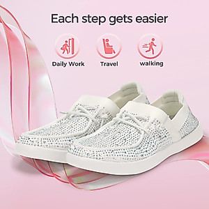 BELOS Women's Rhinestone Lace Up Loafers Shoes Comfortable Slip On Mesh Knit Walking Shoes Fashion Lightweight Sparkly Glitter Sneaker(White,8.5