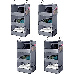 4 Pieces 3 Shelf Hanging Closet Organizer Collapsible Closet Hanging Shelves Gray Closet Shelves with Side Pocket for Bedroom Living Room Baby Nursery Camper Accessories, 28 x 11.8 x 11.8 Inch