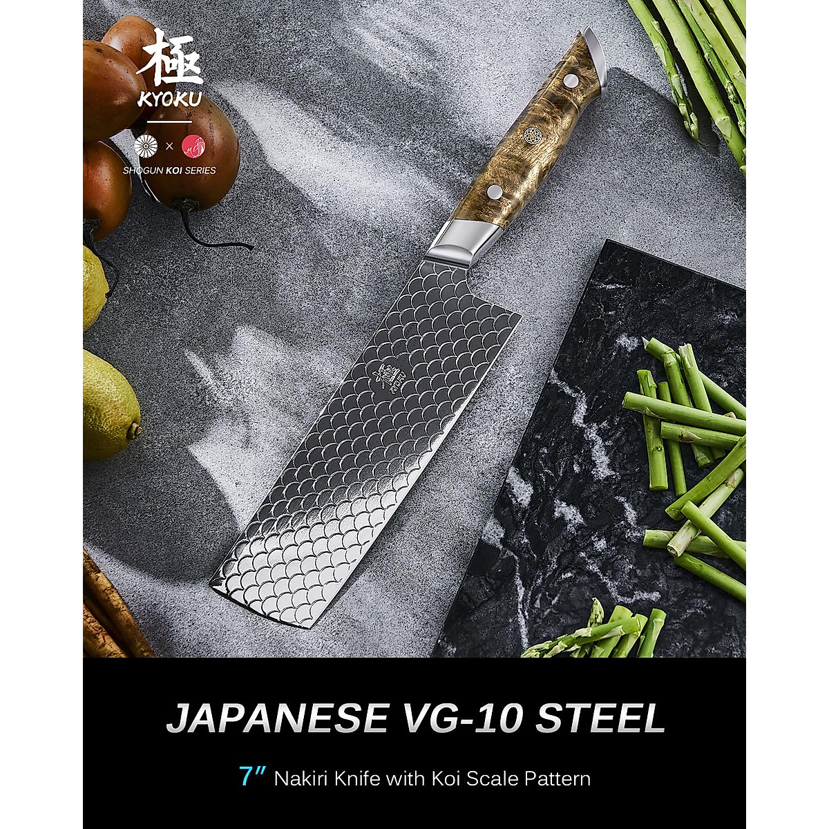 KYOKU 7" Nakiri Knife, Shogun Koi Series Vegetable Knife with Koi Scale Pattern, Japanese VG10 Stainless Steel Kitchen Knife with Sheath & Gift Box, Full Tang Professional Knife