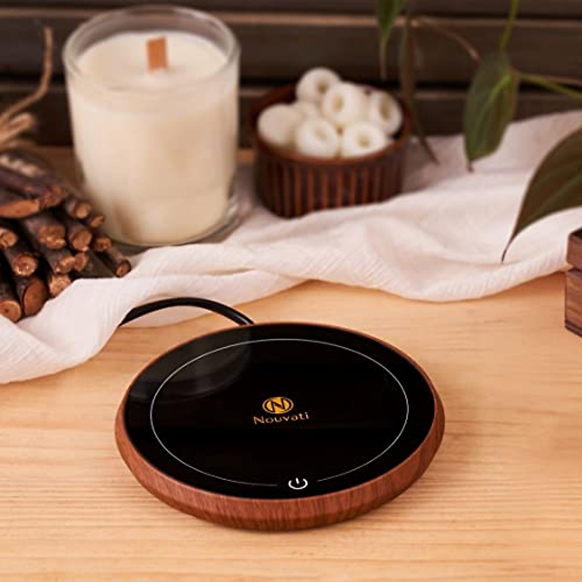 Nouvati Candle Warmer/Mug Warmer/Coffee Warmer for Desk Auto Shut-Off: Excellent Heating, 2 Heating Modes, Safety Features, Sleek & Compact; Tea Warmer (Wood Grain) 2.0