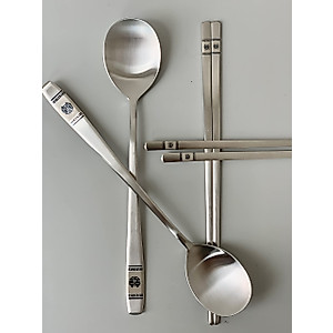 cozymomdeco Korean Made Silver Color Cutlery Spoon Chopsticks 18-10 Stainless Steel Printed Traditional Pattern_2 SET