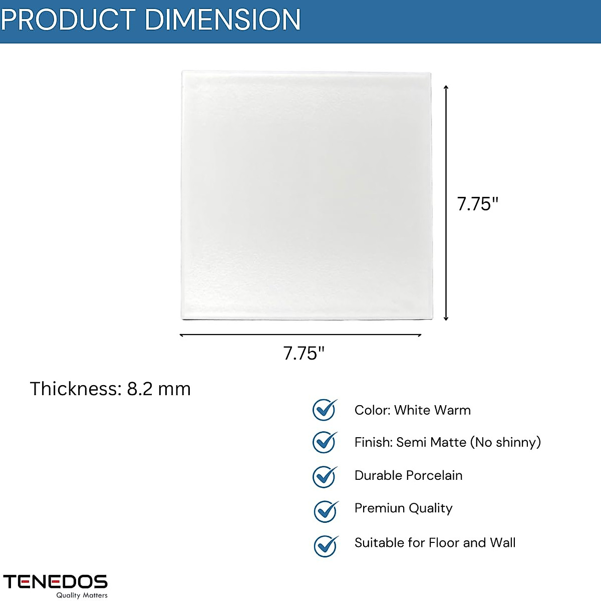 White 8x8 Subway Square Porcelain Floor Wall Tile Matte Finish (Box of 12.7 Sqft - 30 Pieces) for Backsplash Kitchen, Accent Decor, Bathroom Shower Tile by Tenedos