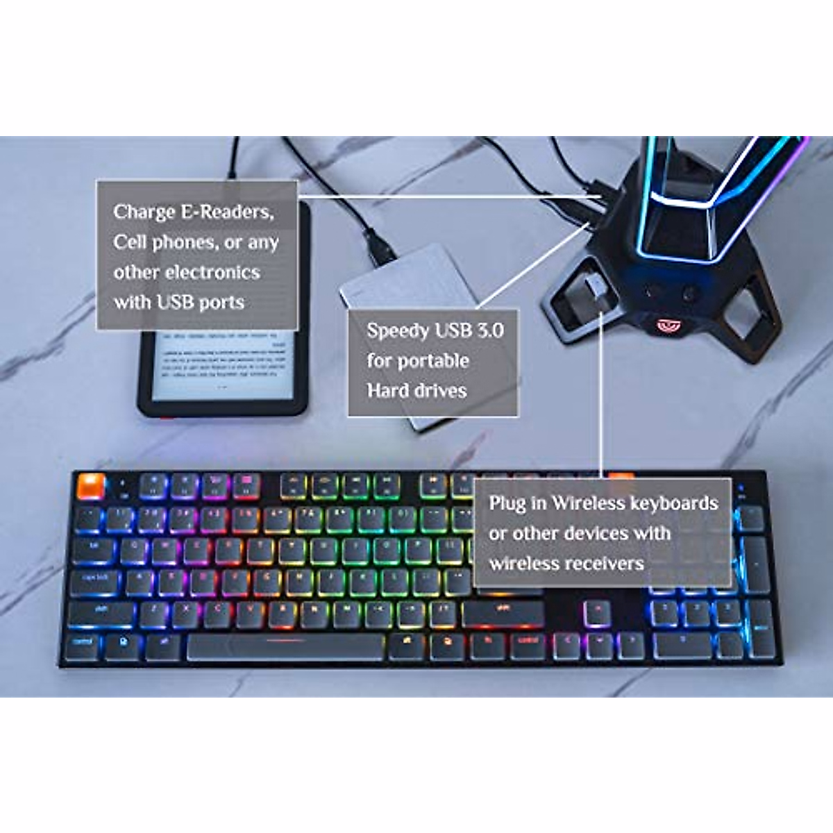 TRUSYO AUDIO THE PORTAL USB 3.0 headset stand with dual RGB lights, 3 usb charger ports, a headphone holder for wired or wireless headphones, great for gaming stations. A gaming accessory.