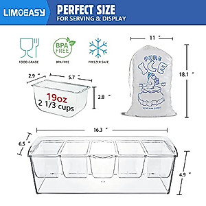 LIMOEASY Chilled Condiment Server, Clear Garnish Tray with Lid for Bar for Parties with 5 Removable Compartments, Ice Serving Bowl, Serving Containers for Fruit, Caddy, Snack, Sauce