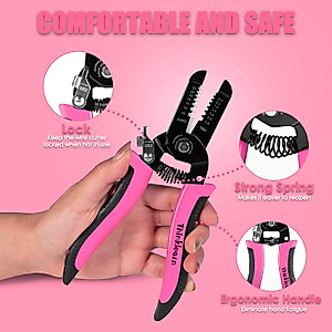 Wire Stripper, Pink 10-22 AWG Wire Cutters for Women, Wire Stripping Tool Kit with 3PCS Electrical Tapes and 50PCS Cable Ties, Multi-Function Hand Tool, Professional Handle Design