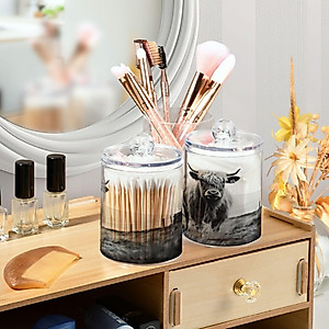 xigua 2 Pack Highland Cow Qtip Holder Dispenser with Lids 14 oz Bathroom Storage Organizer Set,Clear Apothecary Jars Food Storage Containers for Tea,Coffee,Cotton Ball,Cotton Swab,Floss