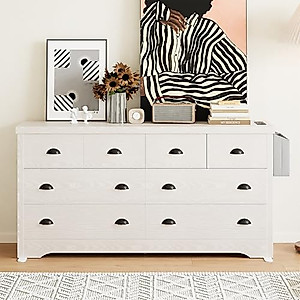 LIKIMIO Dresser 8 Drawer, Modern Wood Bedroom Dresser with with Charging Station and Storage Bag, Storage Chest of Drawers for Living Room Hallway Entryway, White