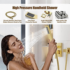 ESNBIA Gold Shower Head, Rainfall Shower System with 10 Inches Rain Shower Head, All Metal Shower Faucet Set with Shower Valve, Wall Mounted Shower Fixtures, Brushed Gold