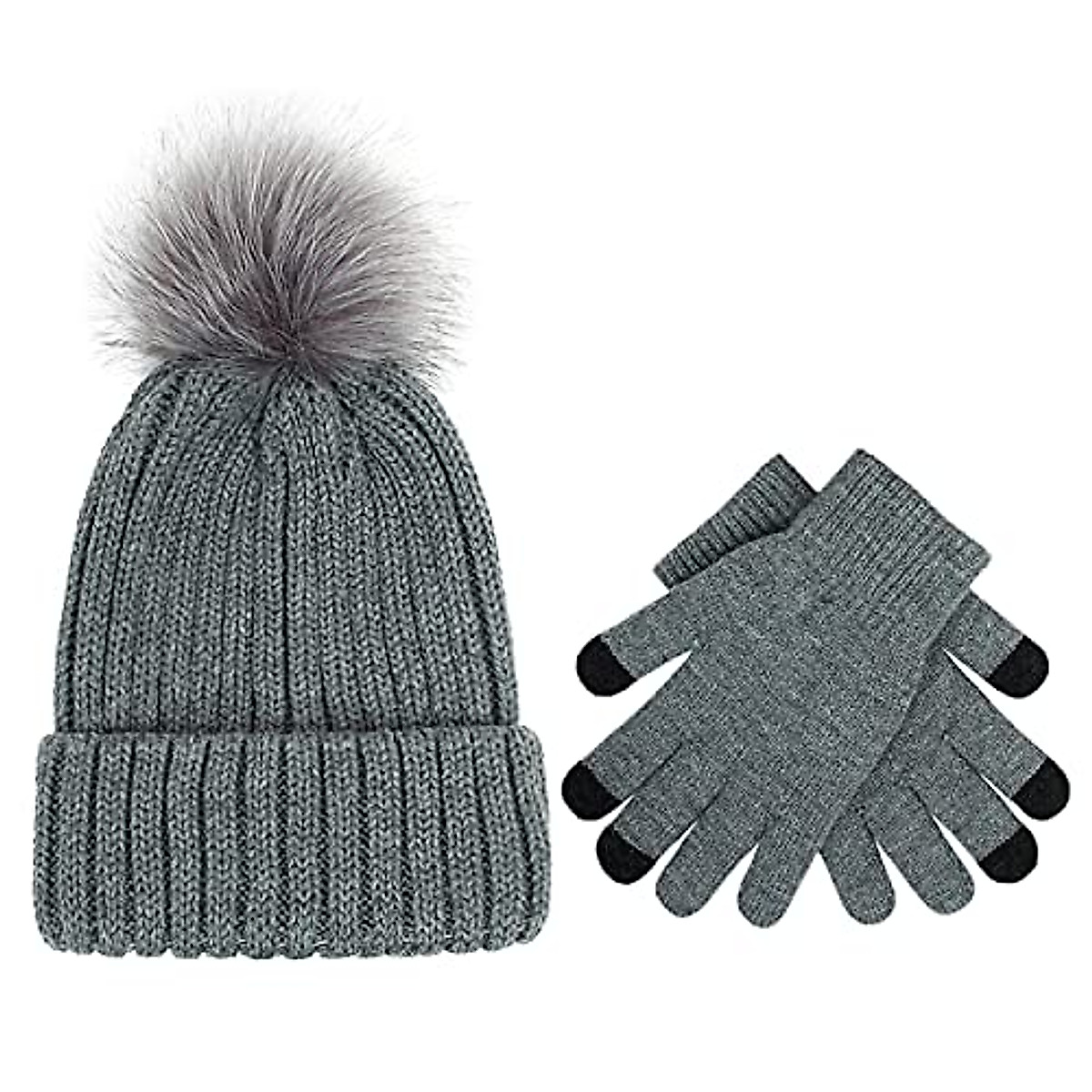 Women Beanie Hats Winter Gloves, Soft Knit Warm Hat and Gloves Sets, Lady Earmuffs Cap,Beanie Hats for Women Young Girls (one Size, Dark Gray (hat & Gloves))