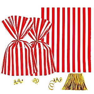 Clear Plastic Cellophane Treat Bags - Red White Stripes Party Favors Cello Bags Wedding Baby Shower Birthday Carnival Party Cookie Candy Treat Favors Bags, 100pc