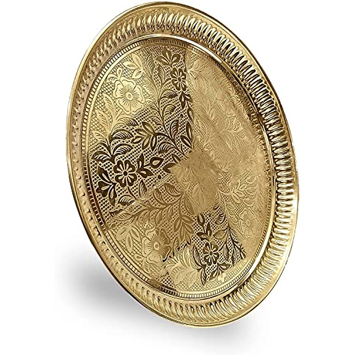 Craftsman 10 Inch Pure Brass Nakshi Flower Design Embossed Aarti Puja Nakashi Thali Platter Prasad Chandan Karwachauth Diwali Indian Festival Hindu Rituals Mandir Temple Pooja Plate