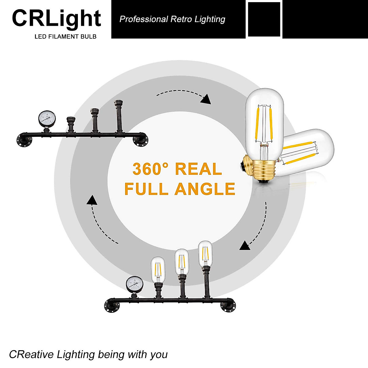 CRLight T14 Tubular LED Filament E26 Bulb, 2W 25W Equivalent 250LM 2700K Warm White, 6 Pack Dimmable Light Bulbs