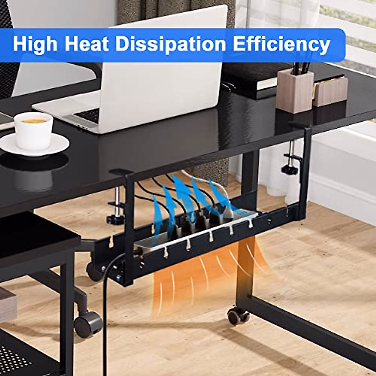 Kirkical Under Desk Cable Management Tray, No Drilling Cord Organizer with Clamp, Adjustable 14'' into 21.6'' Wire Management, High Capacity Sturdy Metal Wire Management for Office Home, Black