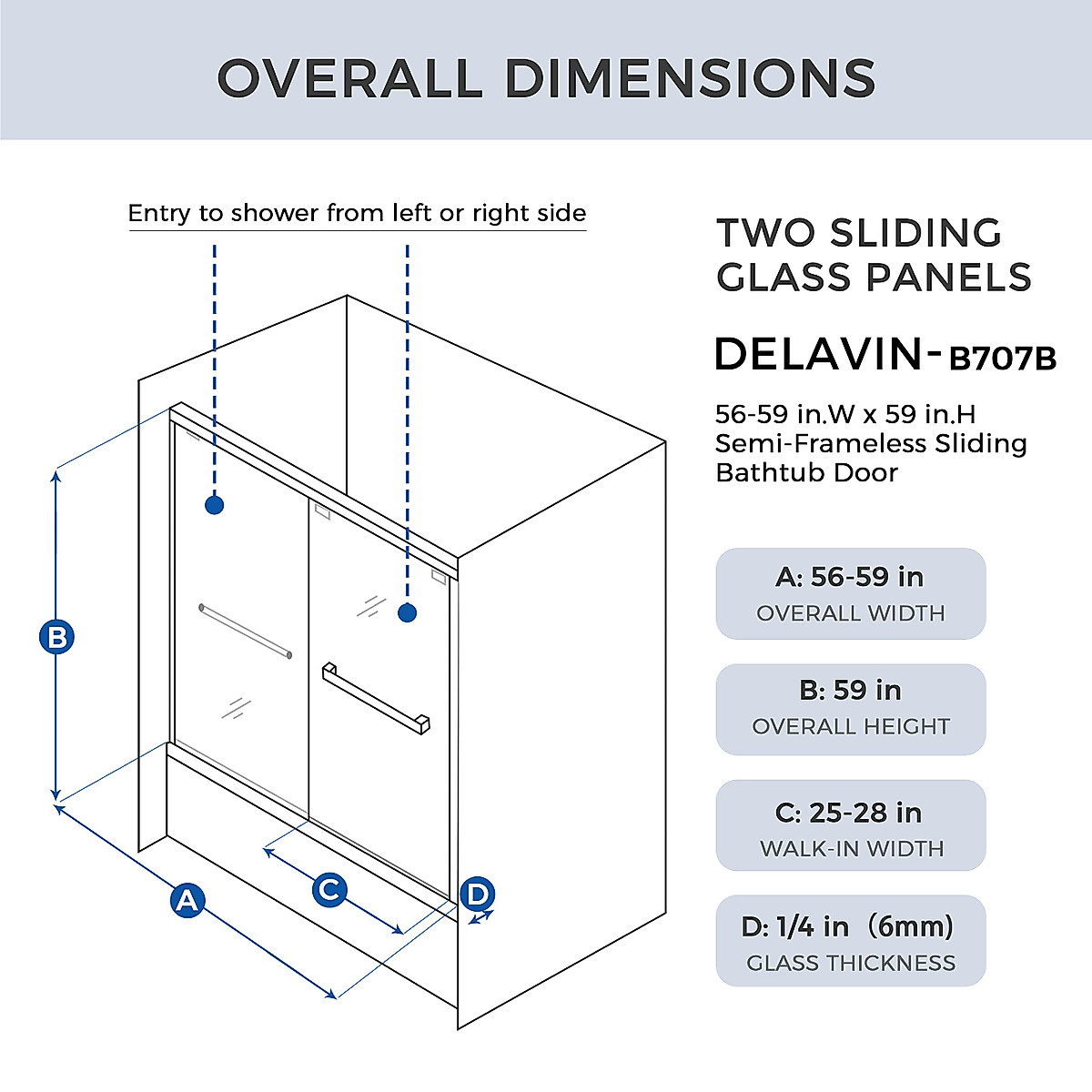 DELAVIN 56-60 in. Frameless Shower Door, Bathroom Sliding Shower Door, 5/16" (8mm) Clear Tempered Glass, SGCC Tempered Glass Door with Explosion-Proof Film