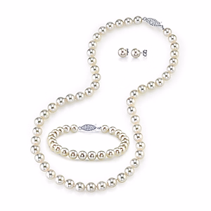 The Pearl Source 14K Gold 7-7.5mm AAA Quality Round White Akoya Cultured Pearl Necklace, Bracelet & Earrings Set in 18" Princess Length for Women