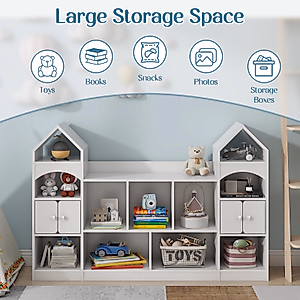 Vabches Kids Bookcase and Toy Storage Cabinet, Children Bookshelf, Castle Shape, Playroom Furniture Multipurpose Shelf for Toddlers to Organize Toys and Books Magic Castle, Cool White