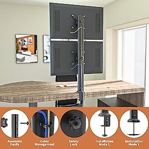 Hemudu Dual Monitor Articulating Desk Mount Arm Stand - Vertical Stack Screen Supports Two 13 to 34 Inch Computer Monitors with C Clamp