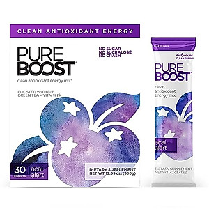 Pureboost Clean Energy Drink Mix + Immune System Support. Sugar-Free Energy with B12, Multivitamins, Antioxidants, Electrolytes (Acai Alert, 30 Count)