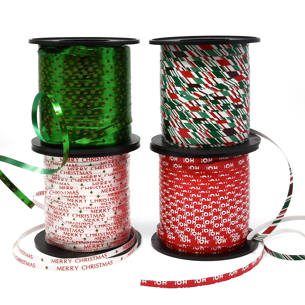 Gift Boutique Christmas Curling Ribbon 4 Pack Rolls Printed Red Green & White Stripes, HO, Santa Hat, Merry Xmas Party Crafts Supply Decorations- 350 Yards Per Roll - Total of 4200 Feet 5mm Ribbon