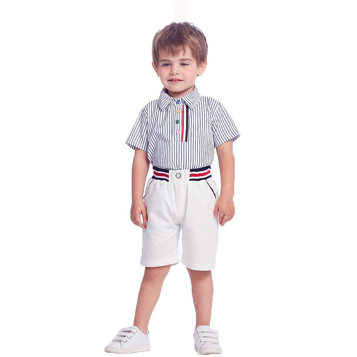 Top and Top Toddler Baby Boys Short Sleeve Button Down Blue Striped Shirts Short Pants Clothing Sets (110/4T)