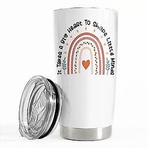 SANDJEST Teacher Tumbler - It Takes Big Heart to Shape Little Minds Travel Coffee Mug Appreciation Gift for Teachers - 20oz Insulated Stainless Steel Tumblers Birthday, Christmas, Back To School Gifts