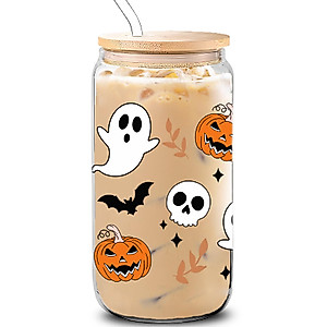 WECACYD Halloween Pumpkin Ghost Skull Cups - 16 oz Pumpkins Fall Cup Mug, Tumbler Glass Cups with Lids Straws, Spooky Cups for Iced Coffee, Goth Spooky Gifts for Her, Halloween Gifts for Women