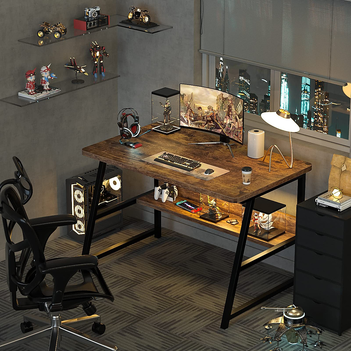 Topfurny Computer Desk 32 Inch Modern Sturdy Writing Desk with Bookshelf Study Table Desk with Metal Legs Industrial Table for Home Office for Small Space, Rustic Brown