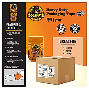 Gorilla Packing Tape Tough & Wide with Dispenser for Moving, Shipping and Storage, 2.83" x 20 yd, Clear, (Pack of 1)
