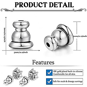Moconar Locking Earring Backs for Studs, Hypoallergenic 18k Gold Bullet Earring Backs Replacements for Studs/Droopy Ears, Secure Locking Backing for Sensitive Ears (Silver 2pairs)