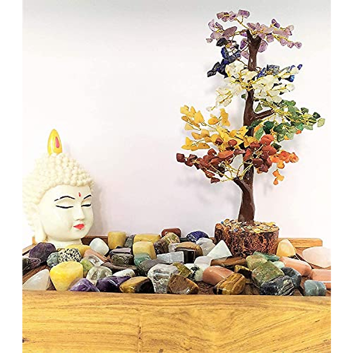 Shawn Seven Chakra Natural Healing Gemstone Bonsai Fortune Money Tree for Good Luck, Wealth & Prosperity Office Decor Spiritual Gift (with Golden Wire and 300 Beads) Size 10-12 Inches, Golden,natural