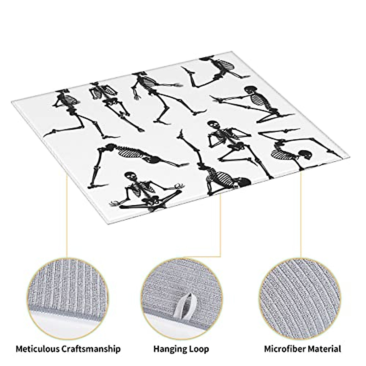 Human Skeletons Black Printed Drying Mat For Kitchen Ultra Absorbent Microfiber Dishes Drainer Mats Non-Slip Silicone Quick Dry Pad - 18 X 16inch
