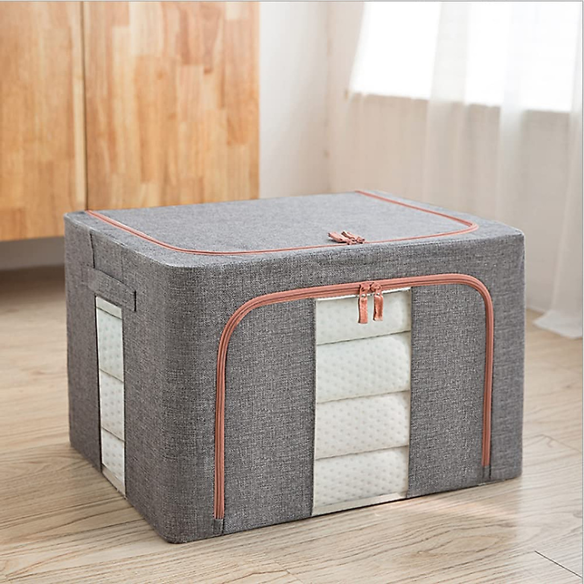 Storage Bins for Clothes - 2 PCS Collapsible Storage Bins LARGE 100L Foldable Closet Organizer Boxes 24"L x 17"W x 16"H Blanket Clothing Storage Bags with Zipper Window Large Capacity Storage Containers for Clothes 100L Cotton linen finish gray