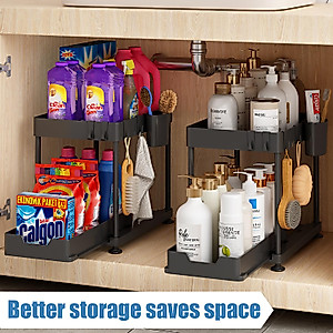 2 Pack Under Kitchen Sink Organizers and Storage, 2 Tier Under Sink Organizer for Bathroom Cabinet, Undersink Organizer Sliding Drawer with Hooks, Hanging Cup for Narrow Space by SMATHOM, Black
