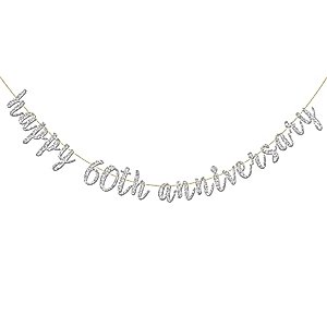 INNORU Glitter Silver Happy 60th Anniversary Banner - Sixty Sign - 60th Birthday Banner - 60th Wedding Anniversary Party Bunting Decoration
