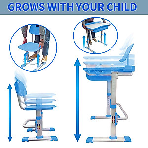 Yinleader Kids Desk and Chair Set,Height Adjustable,Spacious Storage Drawer,with Adjustable Tilted Desktop, Bookstand, Touch Led Lamp for School Student (Blue Set)