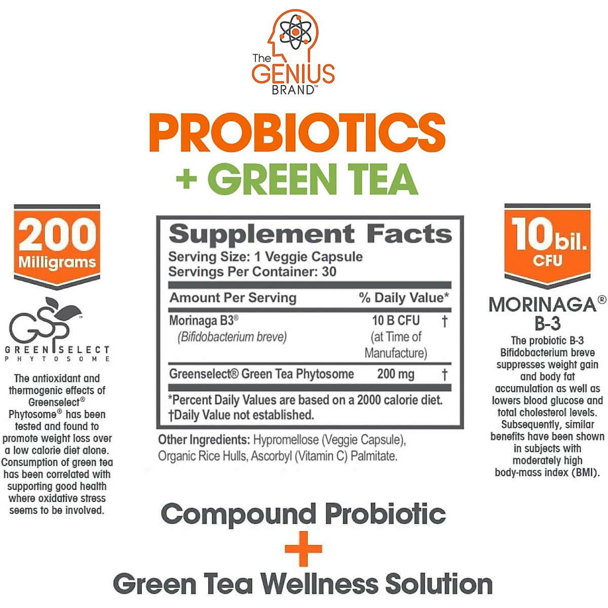 Genius Probiotics for Weight Loss with Green Tea Extract - Fat Burner Supplement & Digestive Health Pills for Bloating Relief for Women & Men - Shelf Stable Probiotic Metabolism Booster - 30 Servings