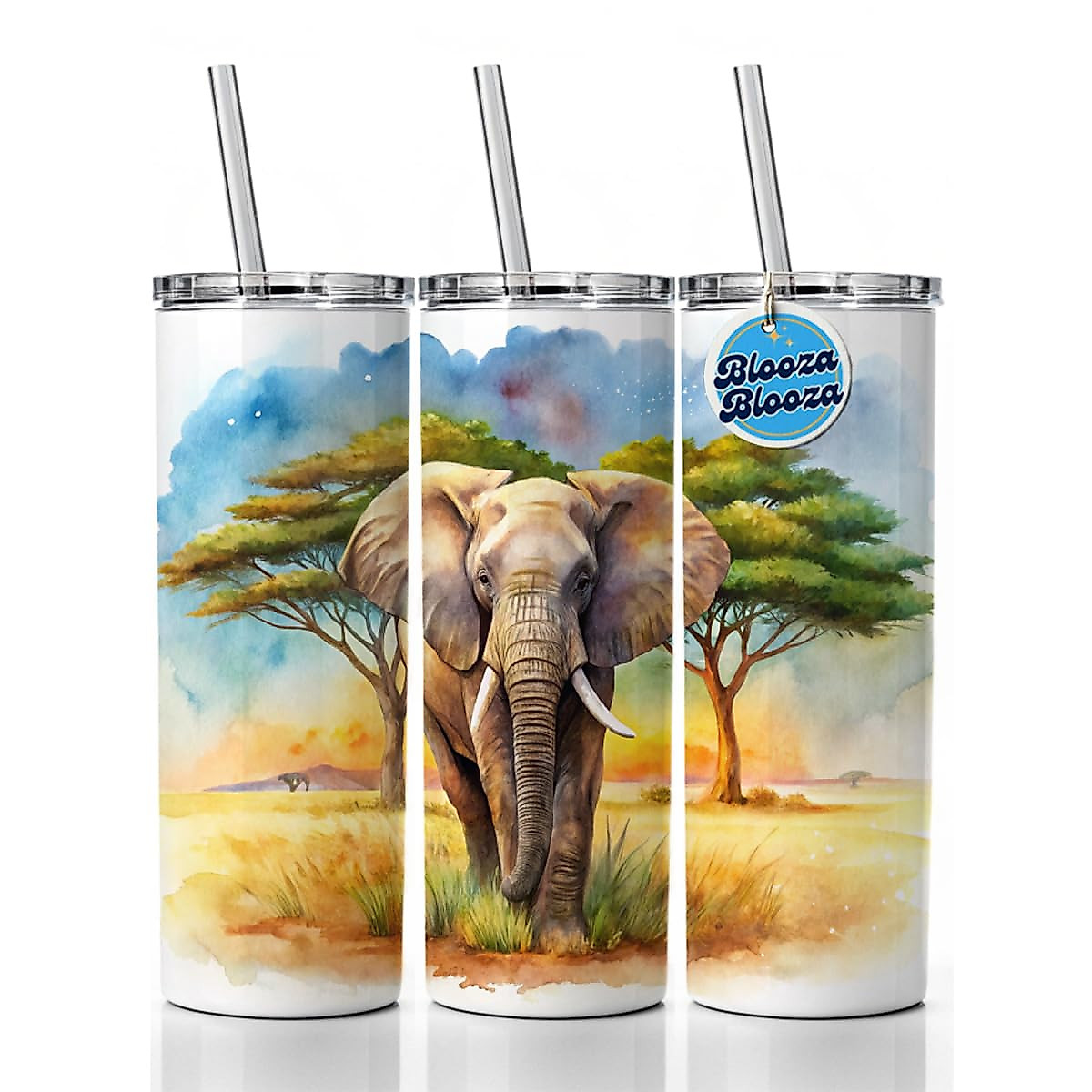 Elephant African Plain Watercolor Design Skinny Tumbler 20oz with Straw Insulated Water Bottle Gift