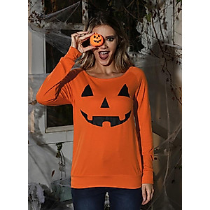 Halloween Womens Shirts Pumpkin Sweatshirts Casual Pullover Orange Tops Jack-O-Lantern XL