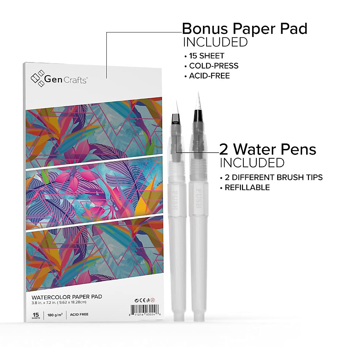 GenCrafts Watercolor Palette with Paper Pad 24 Premium Colors - 2 Refilable Water Brush Pens - 15 Sheets of Water Color Paper - Portable Painting
