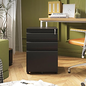 3 Drawer Mobile File Cabinet with Lock, Under Desk Metal Filing Cabinet for Legal/Letter/A4 File, Fully Assembled Except Wheels, Black
