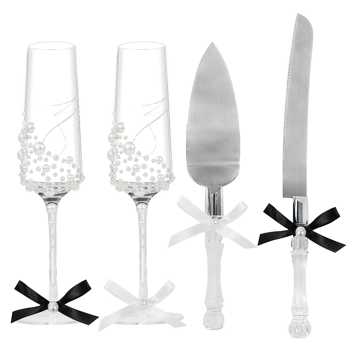 SEMONONIA 4 Piece Wedding Toasting Flutes and Cake Server Set - Champagne Glasses and Knife Server Set,Bride and Groom Wine Glasses and Cake Knives Set for Anniversary Engagement Gifts for Couple