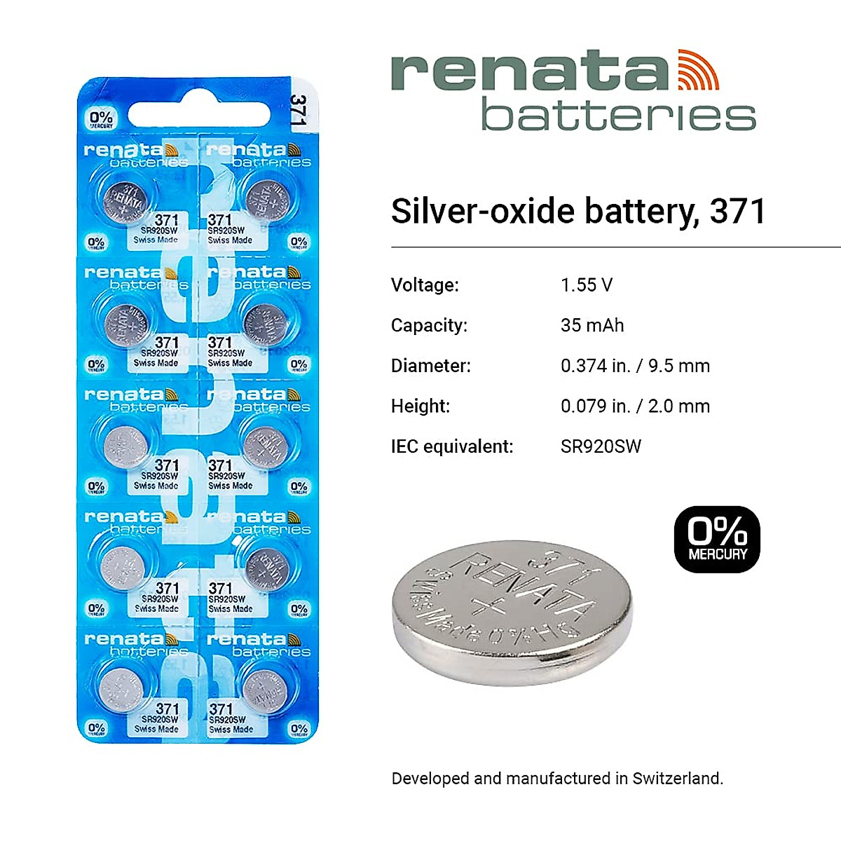 Renata 371 SR920SW Batteries - 1.55V Silver Oxide 371 Watch Battery (2 Count)
