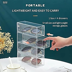 JUOPZKENN Acrylic Eyeglass Storage Box, 4 Drawers Clear Sunglasses Storage Organizer Use Horizontally or Vertically for Eyeglass Cosmetic Jewelry Storage