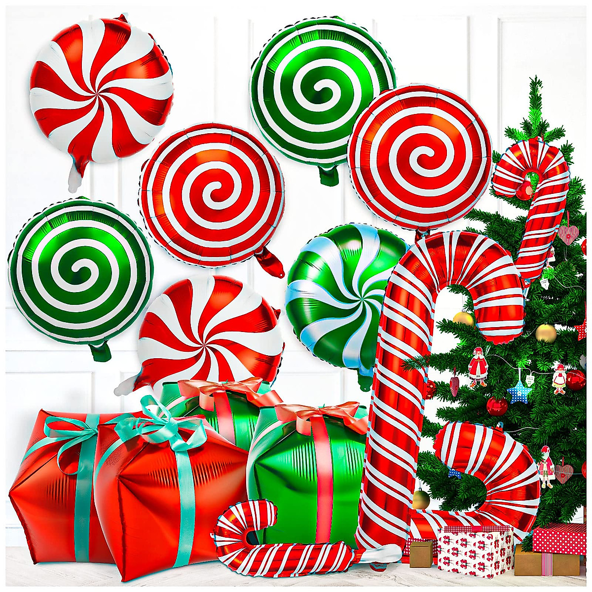 30Pcs Christmas Foil Balloons, Large Candy Cane Swirl Mylar Balloons with Ribbons, Red Green Balloons for Birthday and Candies Theme Party Decorations