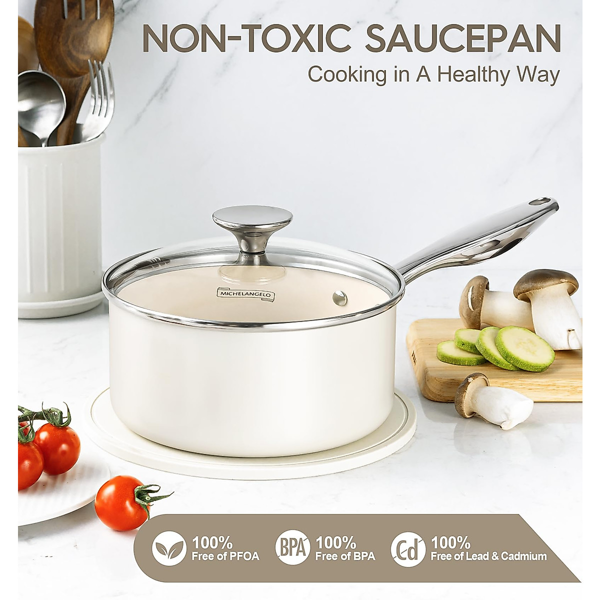 MICHELANGELO Sauce Pan Sets - Ceramic Sauce Pan with Lid, Nonstick Saucepan Set, 1Qt & 2Qt & 3 Qt Small Pots for Cooking, Non-Toxic Sauce Pot, White